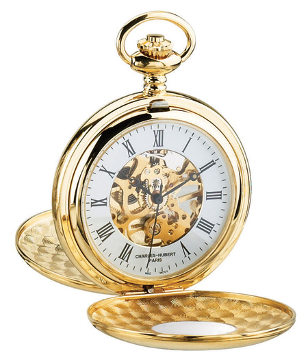 Premium Gold Window Quartz Pocket Watch with Chain - Inscribed Numerals