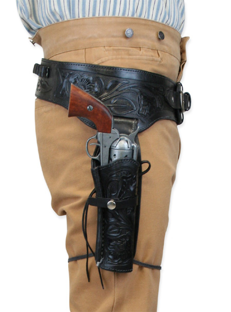 (.44/.45 cal) Western Gun Belt and Holster - Double - Black Tooled Leather