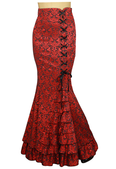 Vivien Fishtail Skirt - Red Jacquard