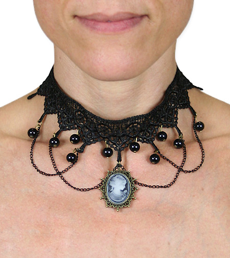 Lace Choker with Chain Swags - Black