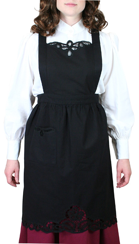 Linen Apron with Battenberg Lace - Black