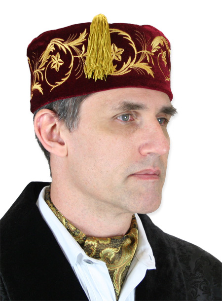 Vintage Velvet Embroidered Smoking Cap - Burgundy/Gold