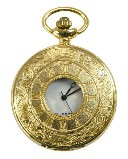 Gold Plated Inscribed Window Pocket Watch with Chain
