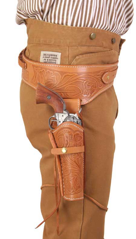 (.38/.357 cal) Western Gun Belt and Holster - RH Draw - Tan Tooled Leather