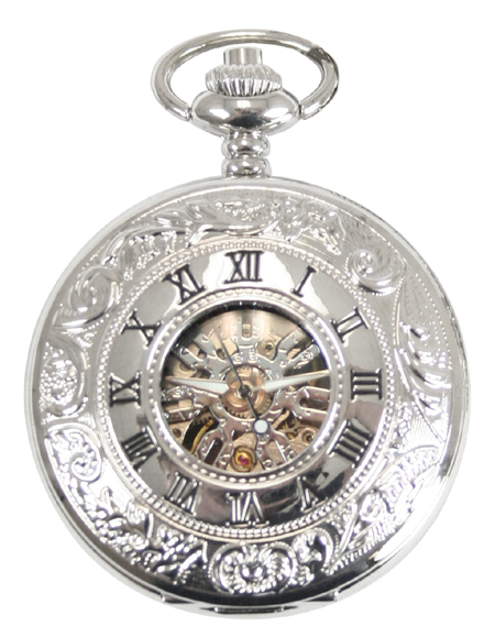Silver Plated Mechanical Inscribed Window Pocket Watch with Chain