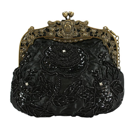 Beaded Rose Design Purse - Black