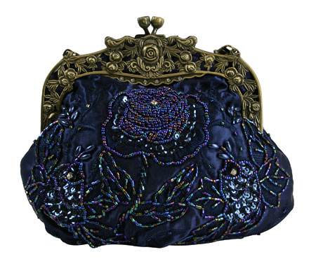 Beaded Rose Design Purse - Blue
