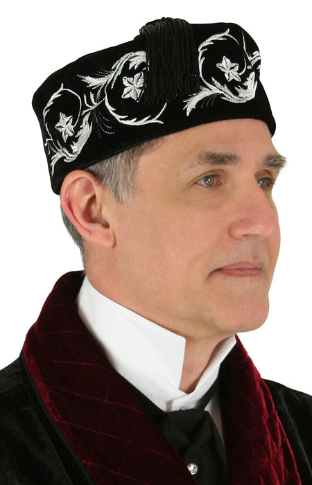 Vintage Velvet Embroidered Smoking Cap - Black/Silver