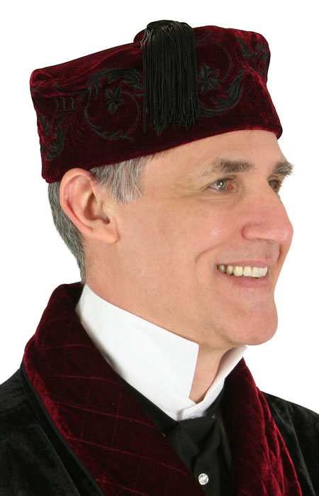 Vintage Velvet Embroidered Smoking Cap - Burgundy/Black