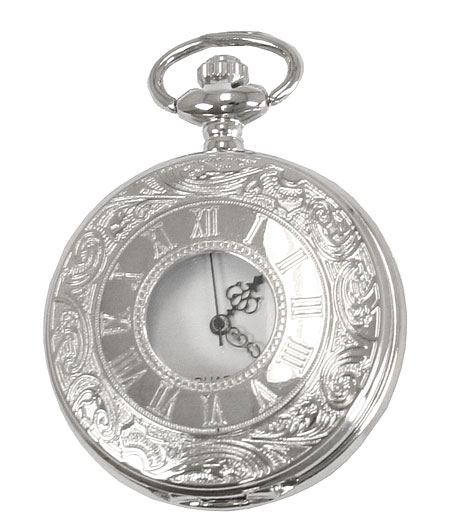 Silver Plated Inscribed Window Quartz Pocket Watch with Chain