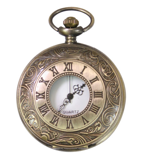 Antique Gold Inscribed Window Quartz Pocket Watch with Chain